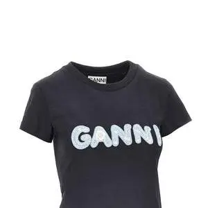 GANNI Cotton T-shirt With Logo Embroidery - Black