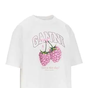 GANNI Cotton T-shirt With Rhinestone And Raspberry Print