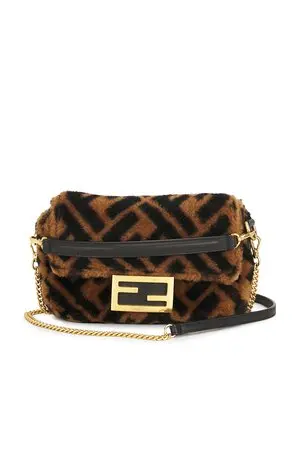 FWRD RENEW Fendi Shearling Macro Ff Mini Baguette Shoulder Bag