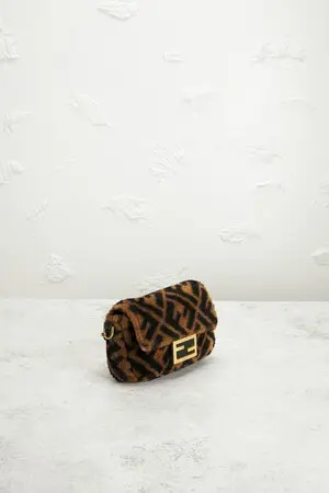 FWRD RENEW Fendi Shearling Macro Ff Mini Baguette Shoulder Bag