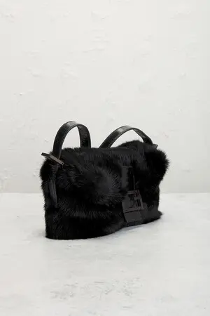 Fendi Rabbit Fur Baguette Shoulder Bag - Black
