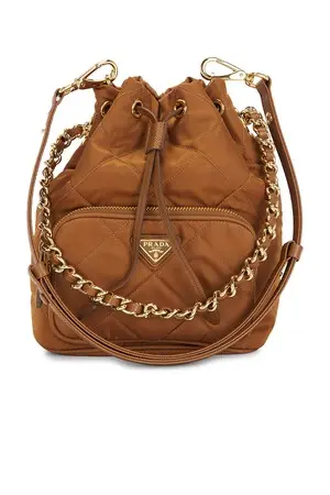 Prada Re-edition 1995 Re-nylon Chaine Drawstring Bucket Bag In Brown - Brandy