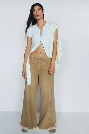 PILCRO Adi Mid-rise Relaxed Wide-leg Jeans With Lace Trim - Tan