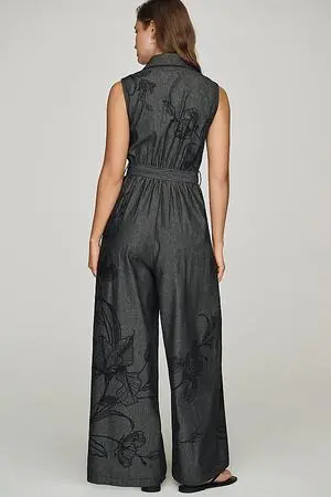RANNA GILL Denim Floral Wide-leg Jumpsuit