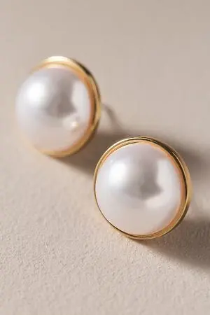Anthropologie Round Bezel Pearl Earrgs - Gold
