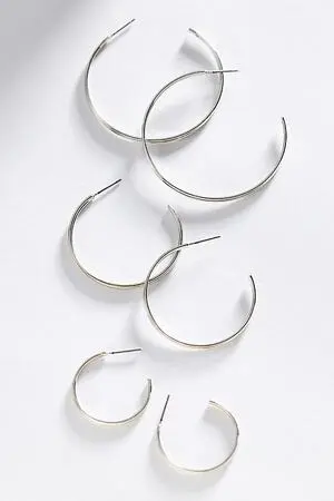 Anthropologie Ribbed Hoop Earrings, Set Of 3 - Silver
