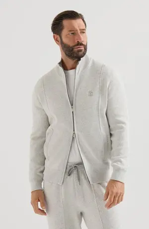 Brunello Cucinelli Cashmere Double Knit Cardigan With Zipper And Logo - Light Grey