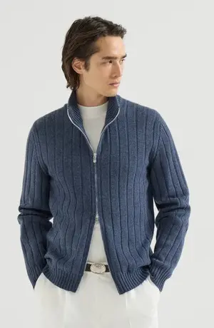 Brunello Cucinelli Cashmere Ribbed Cardigan With Zip - Denim