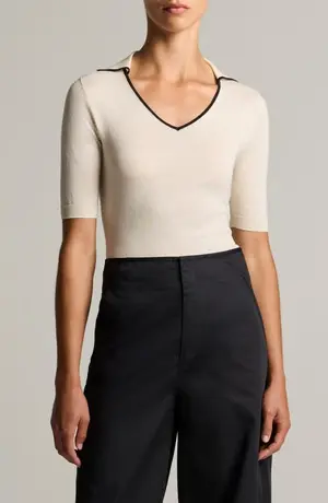 Vince Elbow Slv Tipped Polo - Off White/ink