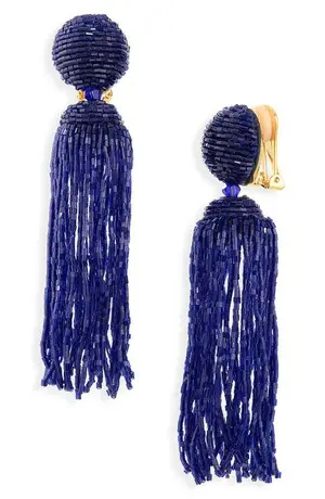 Oscar De La Renta Oscar De La Renta Beaded Tassel Clip-On Drop Earrings Navy