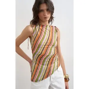 Topshop Stripe Ruched Tie Shoulder Asymmetric Hem Top - Orange