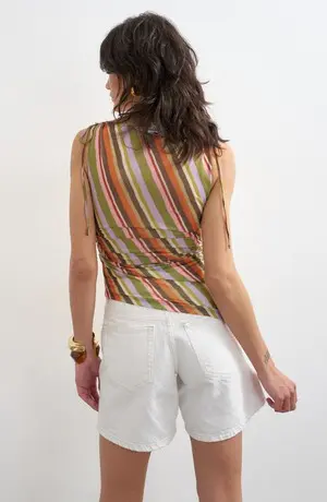 Topshop Striped Ruched Tie Shoulder Asymmetric Hem Top