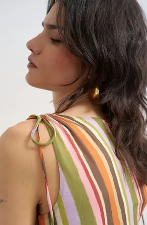 Topshop Striped Ruched Tie Shoulder Asymmetric Hem Top