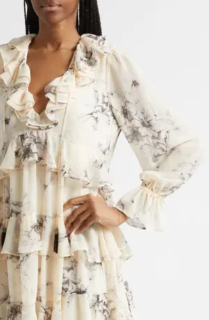 Cinq À Sept Floral Tiered Ruffle Trim Dress