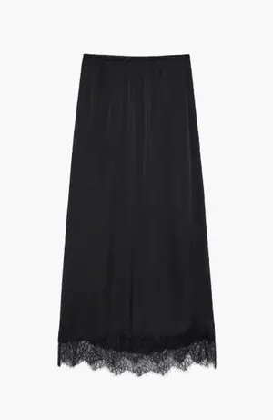 ANINE BING Shelby Satin Midi Skirt With Lace Trim - Black