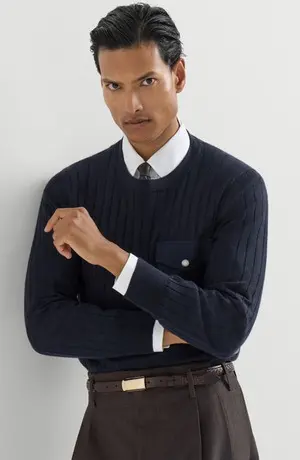 Brunello Cucinelli Cashmere And Silk Ribbed Sweater With Chest Pocket - Navy Blue