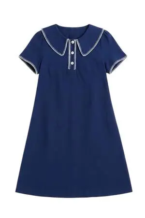 LOUCHE A-line Mini Dress With Blanket Stitch Trim - Blue