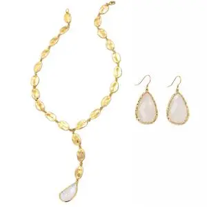 RARE MATTERS JEWELRY Golden Drift Clear Quartz Necklace And Teardrop Earrings Set - White