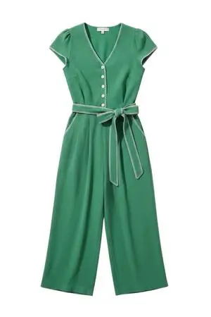 LOUCHE Louche Marleen Blanket Stitch Linen Mix Jumpsuit Green
