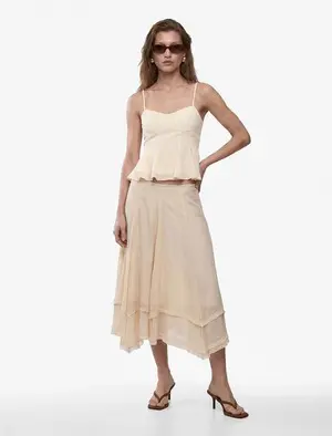Koton Asymmetric Trim Flowy Layered Midi Skirt - Beige
