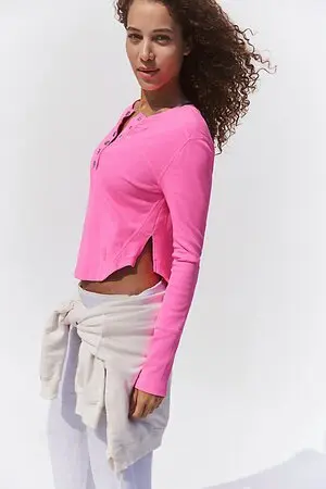 Free People Long Sleeve Henley Top With Side Slits - Hot Pink