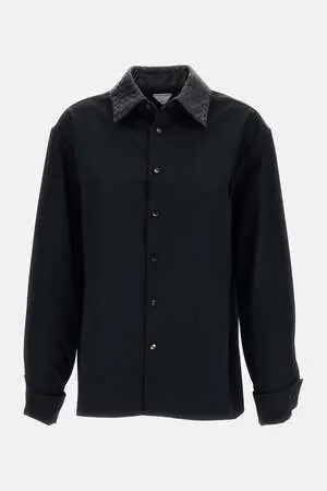 Bottega Veneta Wool Shirt With Intrecciato Leather Collar - Black