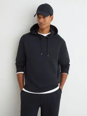 REISS Dane Premium Interlock Hoodie - Navy