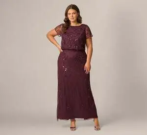 Adrianna Papell Short Sleeve Lattice Floral Beaded Gown - Night Plum