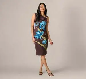 Adrianna Papell Asymmetrical Floral Printed Stretch Crepe Midi Dress - Brown Multi