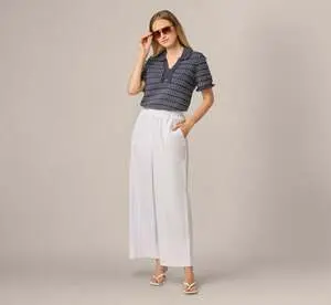 Adrianna Papell Fringe Trim Textured Polo Sweater - Navy/ivory