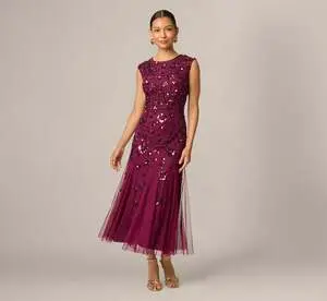 Adrianna Papell Petite Floral Beaded Ankle Length Gown - Bordeaux