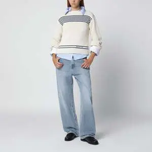 Balenciaga Ribbed Cotton Sweater With Striped Detail - Blue