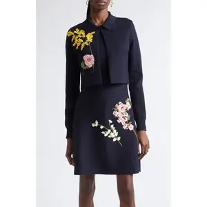 Oscar De La Renta Mixed Botanical Embroidered Cropped Wool Blend Jacket - Navy