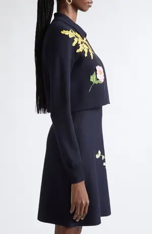 Oscar De La Renta Mixed Botanical Embroidered Cropped Wool Blend Jacket
