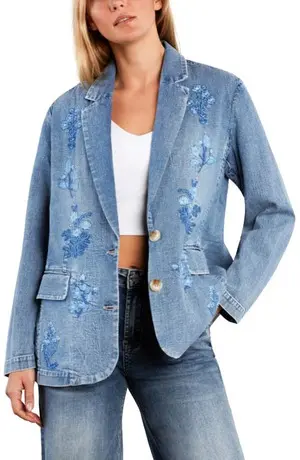 BILLY T Embroidered Floral Blazer - Denim