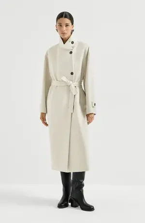 Brunello Cucinelli Hand-crafted Cashmere Beaver Double Cloth Coat With Belt And Monili - Ivory