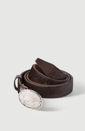 Brunello Cucinelli Textured Calfskin Belt With Braided Metal Buckle