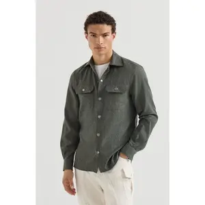 Brunello Cucinelli Virgin Wool Flannel Overshirt With Spread Collar And Chest Pockets - Forest Green