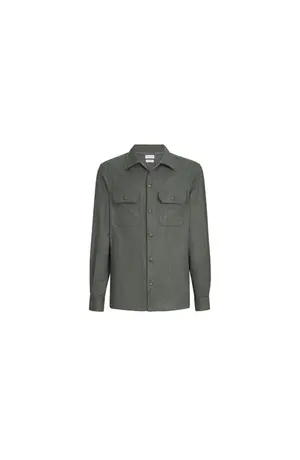 Brunello Cucinelli Virgin Wool Flannel Overshirt With Spread Collar And Chest Pockets - Forest Green