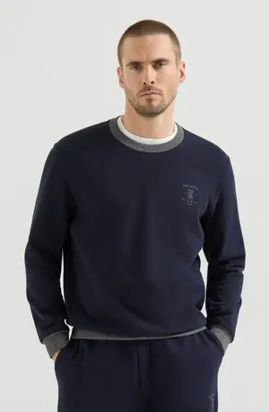 Brunello Cucinelli Cotton French Terry Sweatshirt With Embroidery - Cobalt