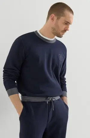 Brunello Cucinelli Cotton French Terry Sweatshirt With Embroidery - Cobalt