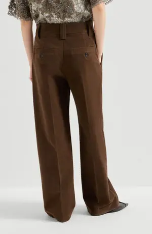 Brunello Cucinelli Stretch Cotton Moleskin Loose Sartorial Trousers With Monili Decoration