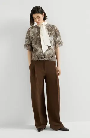 Brunello Cucinelli Stretch Cotton Moleskin Loose Sartorial Trousers With Monili Decoration