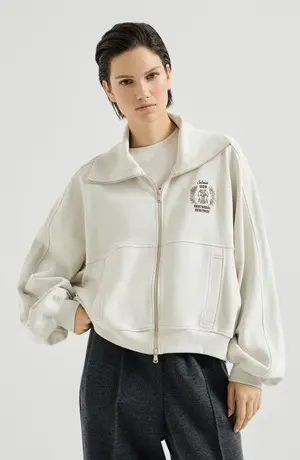 Brunello Cucinelli Cotton Smooth French Terry Sweatshirt With Zip And Embroidered Logo - Milk