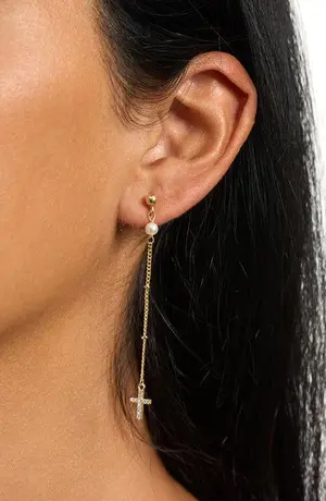 ATHRA LUXE Imitation Pearl & Cross Linear Drop Earrings - Gold