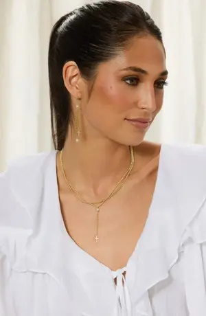 ATHRA LUXE Imitation Pearl & Cross Linear Drop Earrings - Gold
