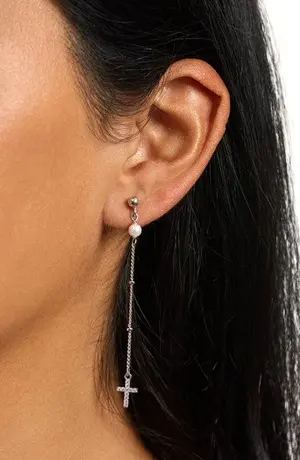 ATHRA LUXE Imitation Pearl & Cross Linear Drop Earrings