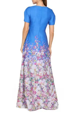 KAY UNGER Floral Print Puff Sleeve Gown