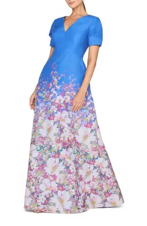 KAY UNGER Floral Print Puff Sleeve Gown