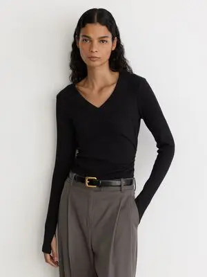 REISS V-neck Long Sleeve Ruched Top - Black